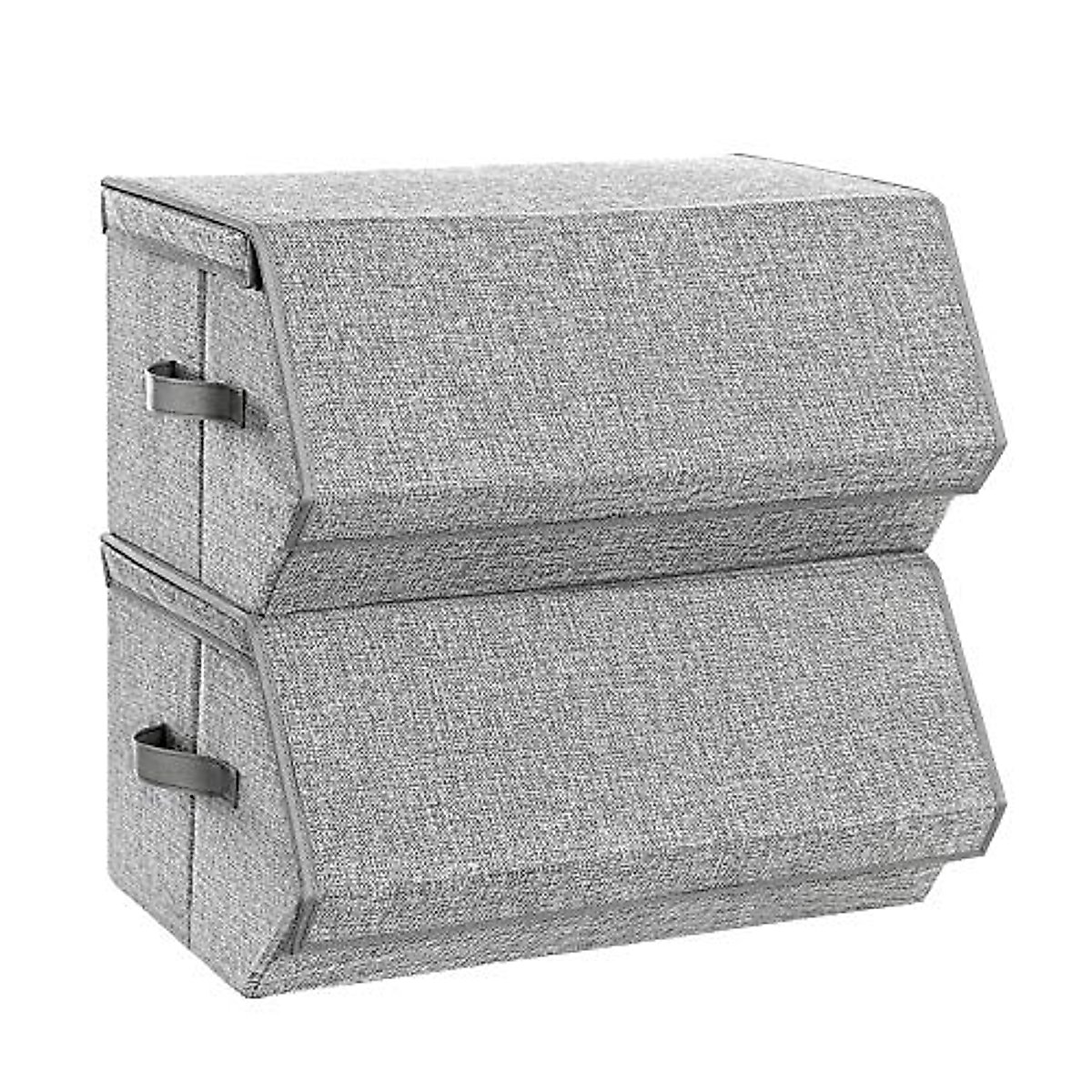 SONGMICS Stackable Storage Bins, Set of 2 Fabric Storage Boxes with Lids, with Magnetic Closures, Lid Can Stay Open after Stacking, ‎19.7 x 13.8 x 9.8 Inches, Light Gray URLB03GY