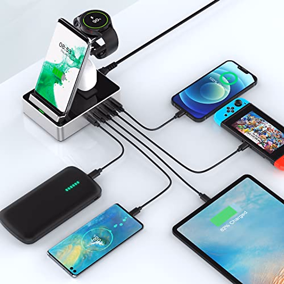 100W Aluminum Alloy Wireless Charger, 8 in 1 Charging Station for Samsung Devices,USB C Charger Dock for S22 Ultra, Etc.Galaxy Watch 5, Active 2/1, Galaxy Buds/Pro/Live (Silver)