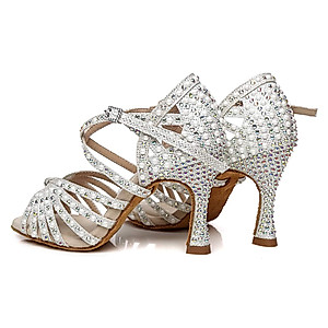 SWDZM Rhinestone Latin Dance Shoes for Women Ballroom Salsa Chacha Professional Performance Practice Dancing Shoes,YCL429-White-7.5,US 7