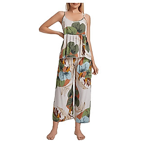 WDIRARA Women's 3 pcs Sleepwear Leaf Print Cami and Pants Pajama Set with Robe Multicolor S