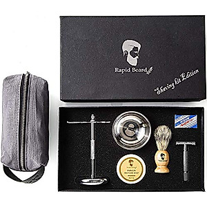 Shaving Kit for Men Wet Shave - Safety Razor with 10 blades, Shaving Badger Hair Brush, Sandalwood Shaving Soap Cream, Shaving Stand, Stainless Steel Bowl Mug, Canvas Dopp Kit - Gift Set
