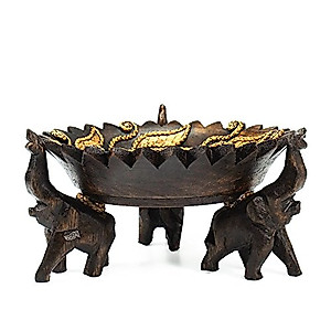AeraVida Rejoicing Elephant Leaves Carved Rain Tree Circular Wooden Tray