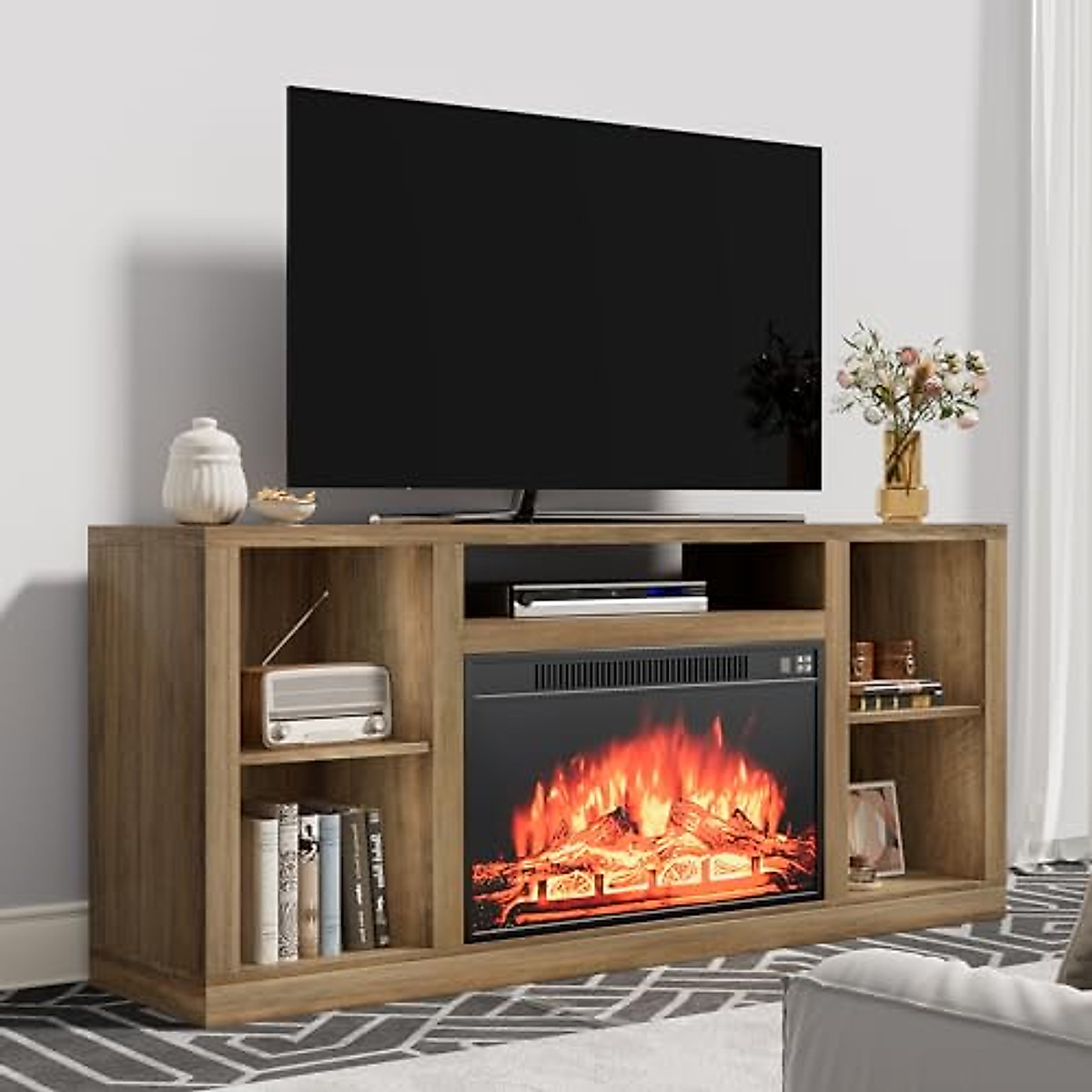 YESHOMY Electric Fireplace TV Stand for Televisions up to 65+ Inch, Media Entertainment Center Console Table with Four Open Storage Shelves & Cabinets, 58 Inch, Barnwood