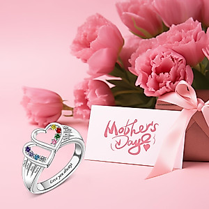 ORFANDE Custom Mothers Ring for Women with 1-8 Simulated Birthstones Personalized Name Ring for Mother Customized Engraved Family Ring Christmas Gift for Mom Grandma (3 Stones)