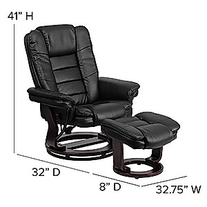 Flash Furniture Contemporary Multi-Position Recliner with Horizontal Stitching and Ottoman with Swivel Mahogany Wood Base in Black LeatherSoft