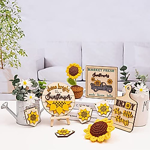 Sunflower Decor | Sunflower Gifts for Women | Farmhouse Sunflower Kitchen Tiered Tray Decor | Spring Decorations for Home | Sunflower Wooden Signs | Handmade Crochet