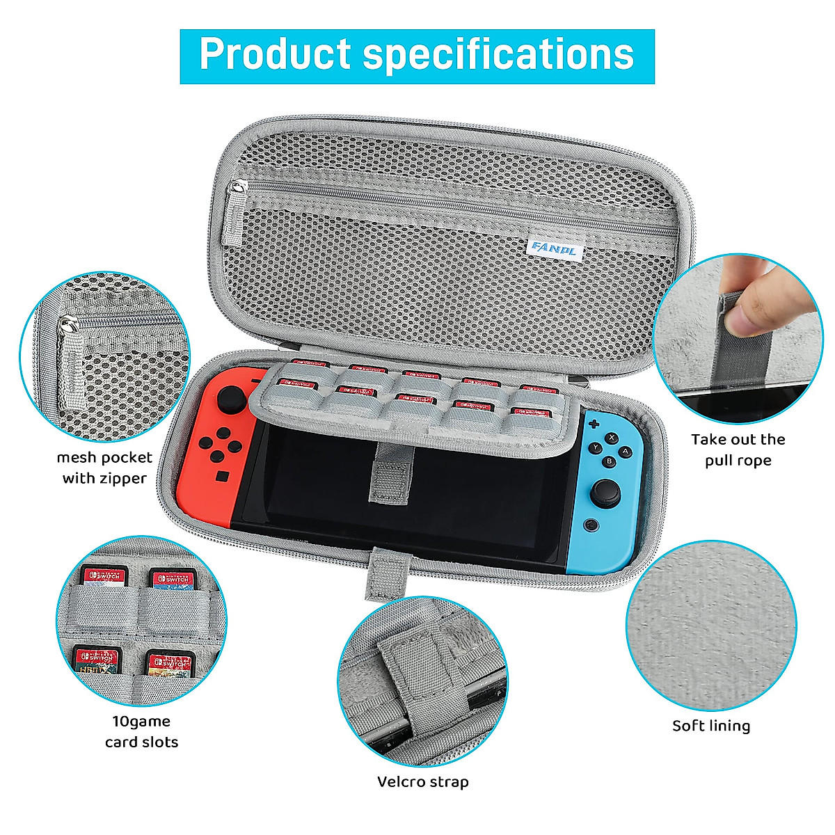 FANPL Glitter Case bundle for Nintendo Switch Accessories, Rainbow Sparkle Carrying Case for Switch and Joy Con Controller with Hard Protective Case and Screen protector, 2 Thumb Grips, Shoulder Strap