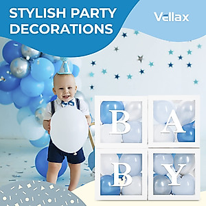 Baby Boxes with Letters for Baby Shower - Baby Shower Decorations of 44 pcs, 32 Blue Silver White Balloons, 4 White Blocks, 8 Letters, Perfect Party Decor