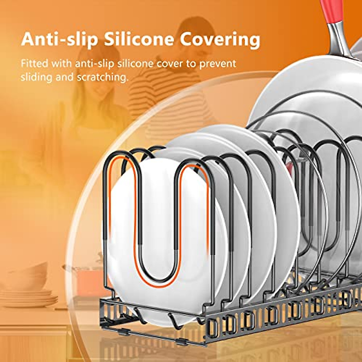 Pots and Pans Organizer, MUDEELA 11 Expandable Pot or Lid Holder, Organizer Rack for Cabinet with 11 Adjustable Dividers,Space-saving Kitchen Organizer Suitable for Pan Drawer, Counter Top, Cupboard