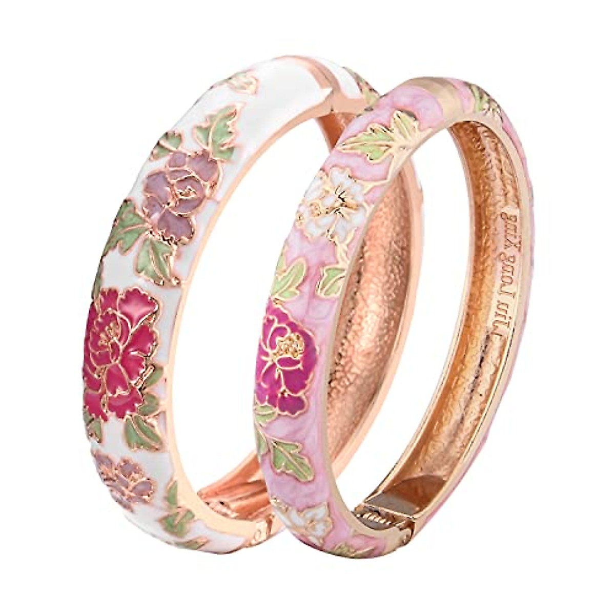 UJOY Fashion Cloisonne Bracelets Set Gold Plated Enameled Jewelry Spring Hinged Metal Cuff Bangles Gift Box Packed 55A106-55A113 white rose