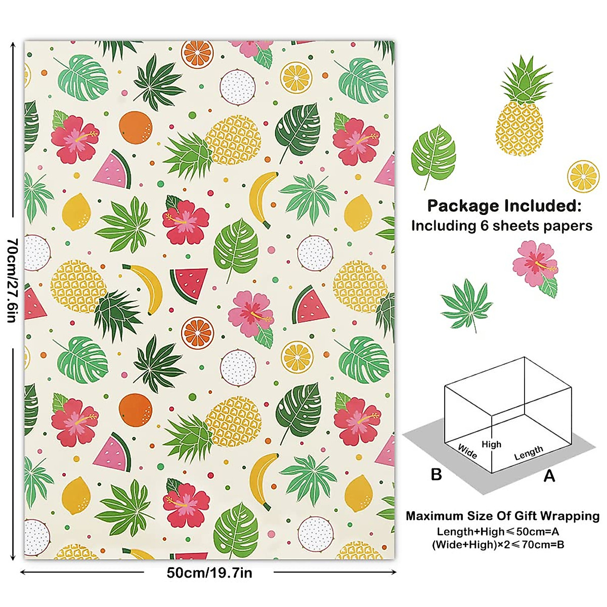 Aloha Floral Hawaiian Luau Wrapping Paper 6 Sheets, Pitaya Pineapple Orange Banana Watermelon Lemon Summer Fruit Floral Monstera Palm Turtle Leaves Tropical Island Themed Wrap Paper Sheet for Gift Wrapping, Birthday, Baby Shower, Aloha Hula Party Decorati