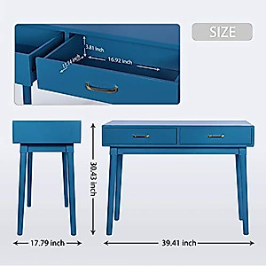 FUNKOCO White Writing Computer Desk with 2 Storage Drawers for Home Office,Modern Laptop PC Table Workstation, Vanity Table (Royal Blue)