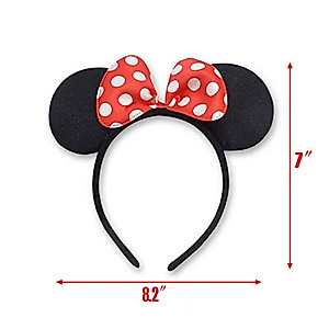 winvin Set of 24 Mouse Costume Deluxe Fabric Ears Headband White Polka Dots Bow Boys Girls Birthday Party Hairs Accessories Baby Shower Headwear Halloween Party Favors Decorations (Black Red)