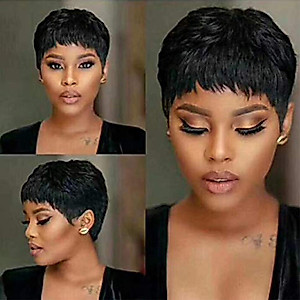VRVogue Pixie Wigs Short Black Wavy Layered Short Human Hair Wigs for Black Women (1B#)