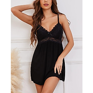Ababoon Womens Sleepwear Lace Lingerie Chemises V Neck Full Slip Babydoll Nightgowns Sexy Sleep Dress Black