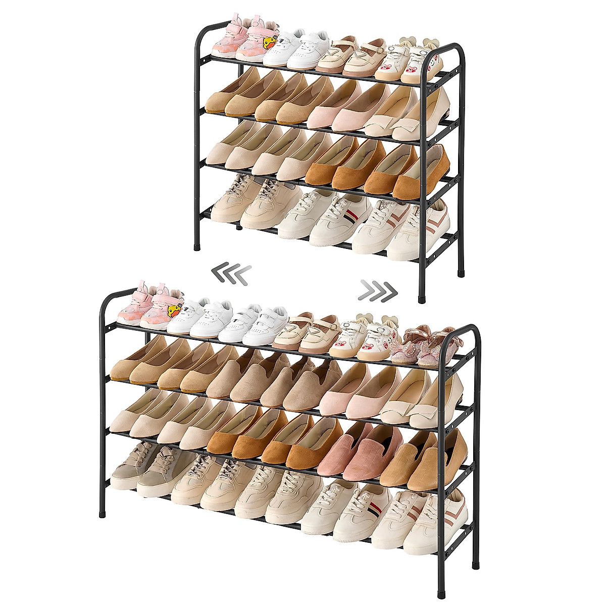 Gewudraw 4-Tier Shoe Rack Expandable, Width Adjustable Shoe Shelf Storage Organizer, 41.53'' Metal Standing Shoe Rack for Bedroom Entryway Closet, Holds up to 24 Pairs Shoes, Black
