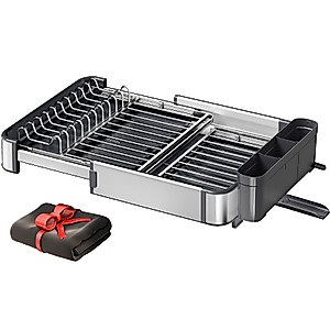 Dish Drying Rack, Aluminium Rustproof Expandable (14.9''-22.3'') Kitchen Counter Dish Rack with Drainboard, Dish Drainer with Drying Mat Utensil Holder Sink Caddy, Silver Grey