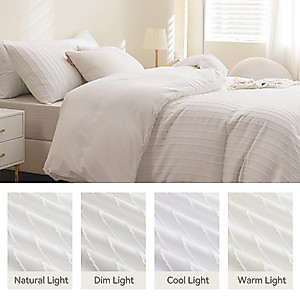 JELLYMONI White Duvet Cover Queen Size - 3PCS Microfiber Boho Striped Tufted Textured Duvet Cover with Corner Ties & Zipper Closure