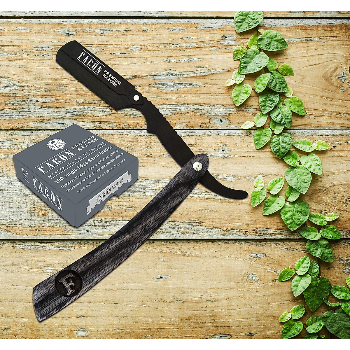 100 BLADES + Facón Professional Wooden Straight Edge Barber Razor - Salon Quality Cut Throat Shavette