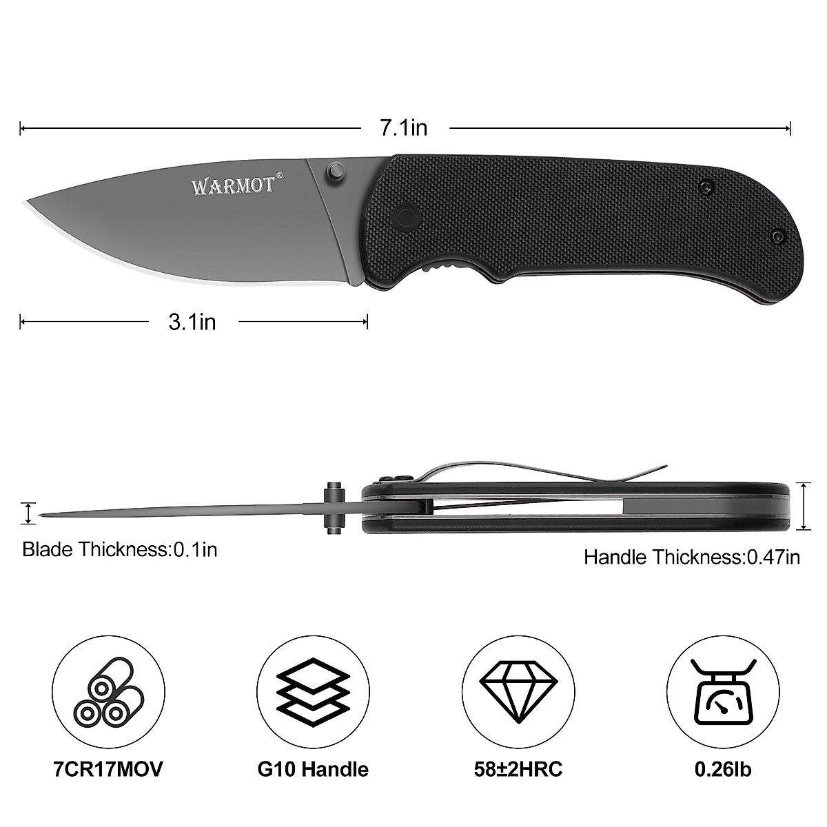 warmot® Pocket knife with G10 Handle - Ideal Knife for EDC Camping - Birthday Gift for Men & Wome,Black