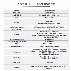 LIAN LI Lancool III RGB Black Aluminum/SECC/Tempered Glass Gaming Case with 4 × 140 PWM Fans (ARGB) - LANCOOL 3R-X