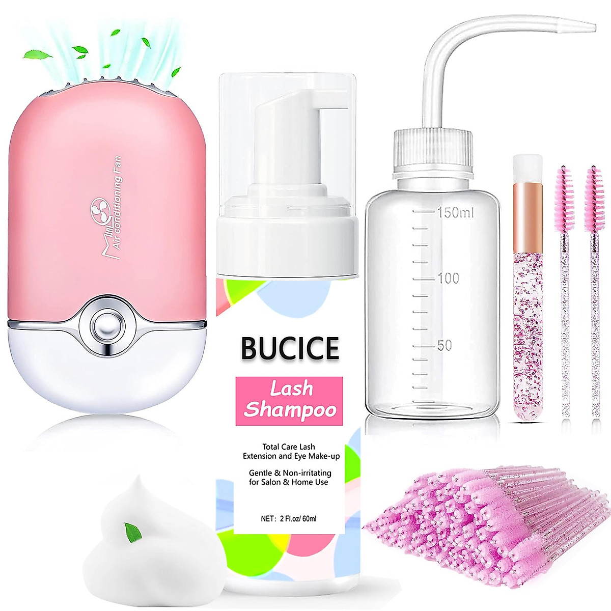 Premium Lash Shampoo and Cleanser Kit with Lash Fan, 60ml Eyelash Foam Cleanser, Facial Cleansing Brush, Eyelash Brush and Wash Bottle for Eyelash Extensions - Effective Eyelash Cleaning Solution