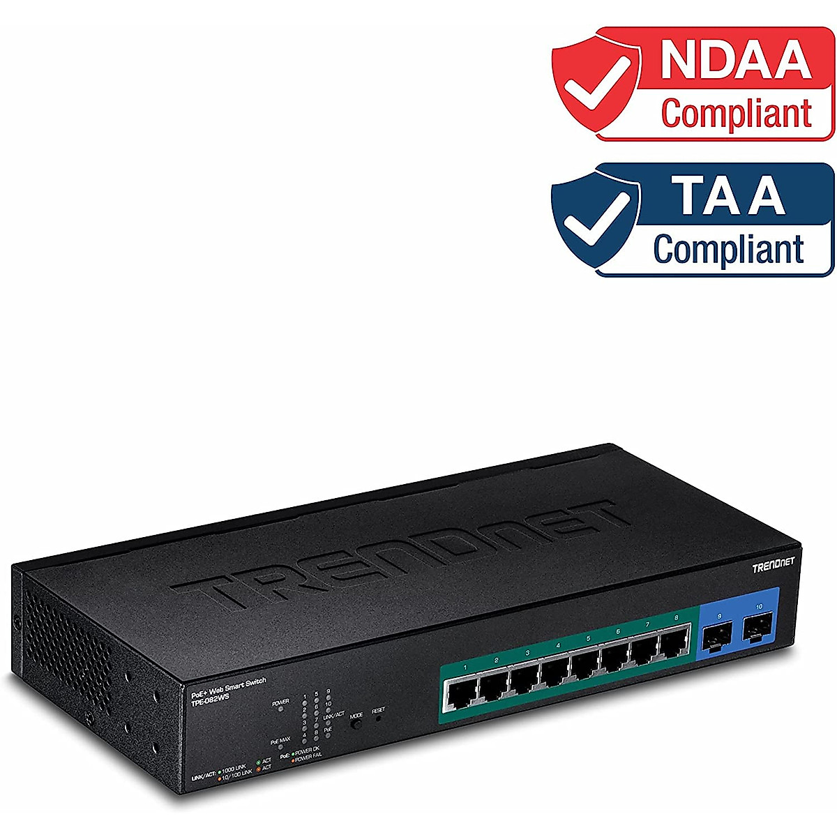 TRENDnet 10-Port Gigabit Web Smart PoE+ Switch, 8 x Gigabit PoE+ Ports, 2 x SFP Slots, Vlan, QoS, IPv6 Support, 20Gbps Switching Capacity, 75W PoE Power Budget, Lifetime Protection, Black, TPE-082WS