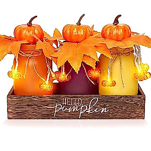 Fall Decor for Home, Autumn Themed Mason Jars Centerpiece with Fall Decorations and Pumpkin Decor Lights - Perfect for Thanksgiving Decorations 3 Packs Fall color Mason jars with wooden box