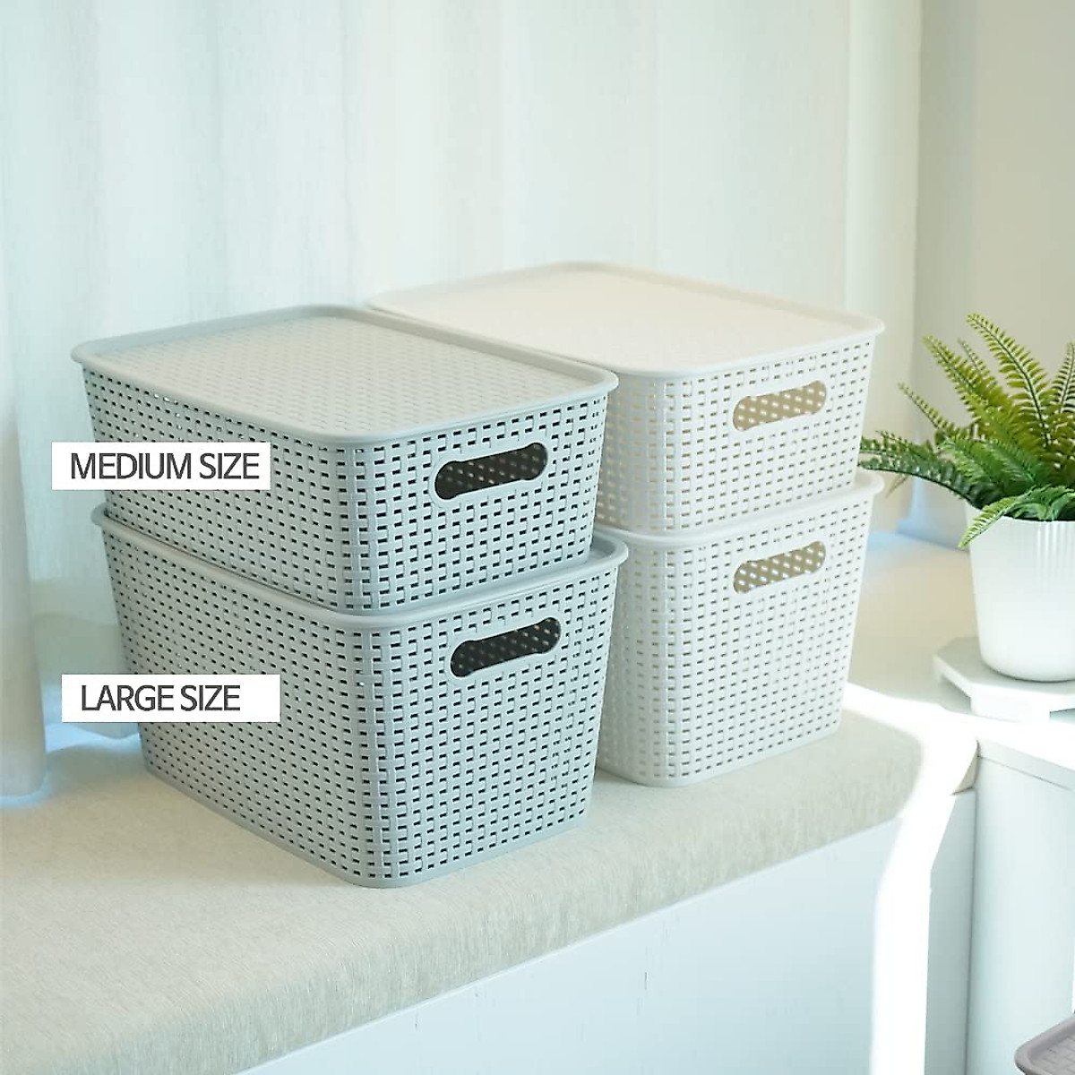 OLLIC Plastic Bins Large Storage with Lids | Korean Organizer Bin Basket Set for Organizing Baskets in Closet and Home (WHITE, LARGE_4PK)