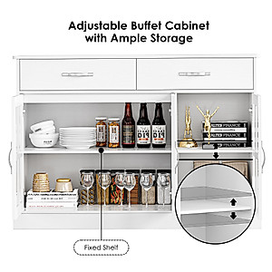 FOTOSOK Sideboard Buffet Cabinet with Glass Doors, Buffet Sideboard Kitchen Sideboard Cabinet Buffet Table with 2 Storage Drawers & Shelves for Dining Living Room, White