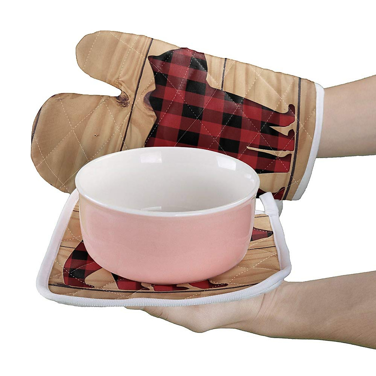 Kitchen Oven Mitts and Potholders Set, Buffalo Check Plaid Bear Wood Rustic Heat Resistant Padded Cooking Gloves&Pot Holder Non-Slip for BBQ Baking Grilling, Red Black