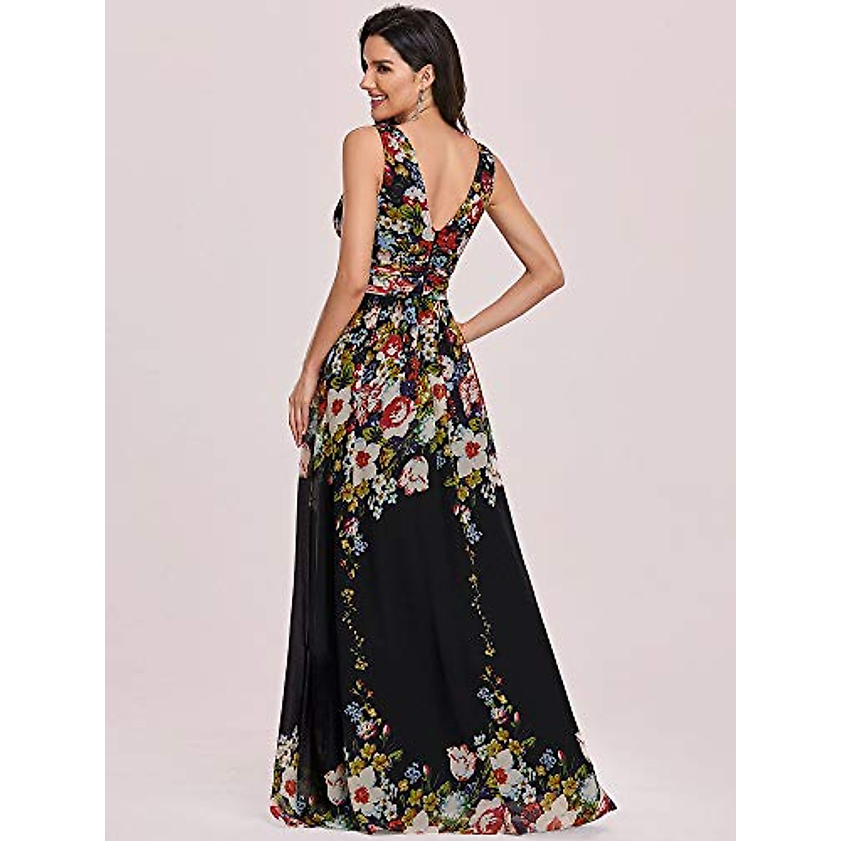 Ever-Pretty Womens Empire Waist Sleeveless V Neck Maxi Bridesmaid Dress Black Printed US16
