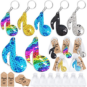 CiciBear 60 Pack Double-Deck Musical Note Sequin Keychain Set with 20 Keychains, 20 Thank You Tags and 20 Gift Bags for Karaoke Party, Tik Tok Birthday, Baby Shower, 50s 80s Theme Party, 5 Colors