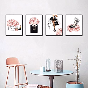 FRAMED Makeup Room Canvas Wall Art, Fashion Woman Picture , Perfume Handbags High Heels Lipstick Wall Paintings, Pink Gift for Girls Room Boudoir Decor Ready to Hang Set of 4, 8x10 in (Framed)…
