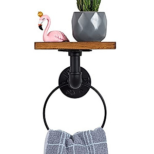 Towel Ring Towel Rack Modern Towel Holder with Wooden Shelf Rustic Hand Towel Ring Wall Mount Heavy Duty Bath Towel Rack for Bathroom Black