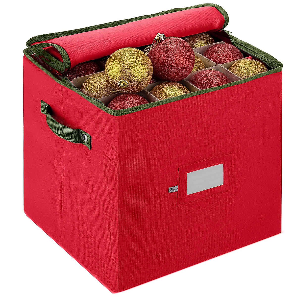 ZOBER Christmas Ornament Storage Box with Dual Zipper Closure - Box Contributes Slots for 64 Holiday Ornaments 3-Inch, Xmas Decorations Accessories, Made of Nonwoven Tear-Proof Material, Red