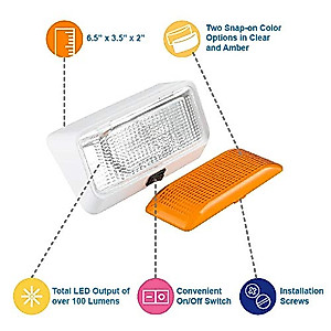 Lumitronics 12V LED Exterior Outdoor Porch Light with On/Off Switch - Removable Clear & Amber Lenses Perfect Outside Replacement Lights for RVs, Motorhomes, Campers, 5th Wheels, Trailers! (White)