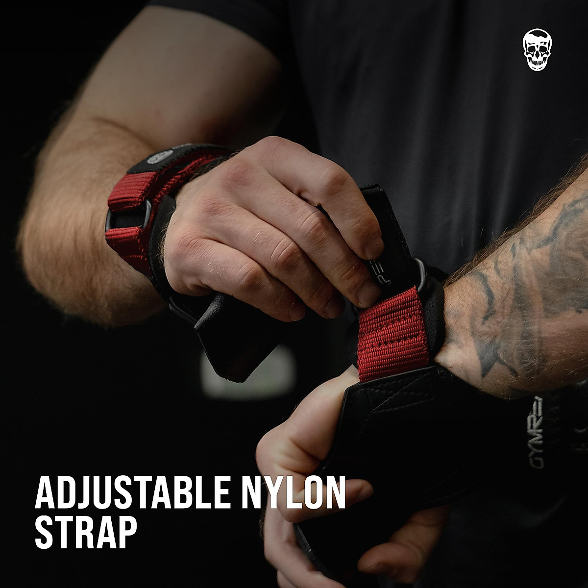 Gymreapers Weight Lifting Grips (Pair) for Heavy Powerlifting, Deadlifts, Rows, Pull Ups, with Neoprene Padded Wrist Wraps Support and Strong Rubber Gloves or Straps for Bodybuilding (Red, Medium)