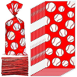 100 Pieces Baseball Treat Candy Bags Baseball Cellophane Bags Baseball Goody Plastic Bags with 200 Pieces Twist Ties for Baseball Birthday Party Supplies Decorations (Red)