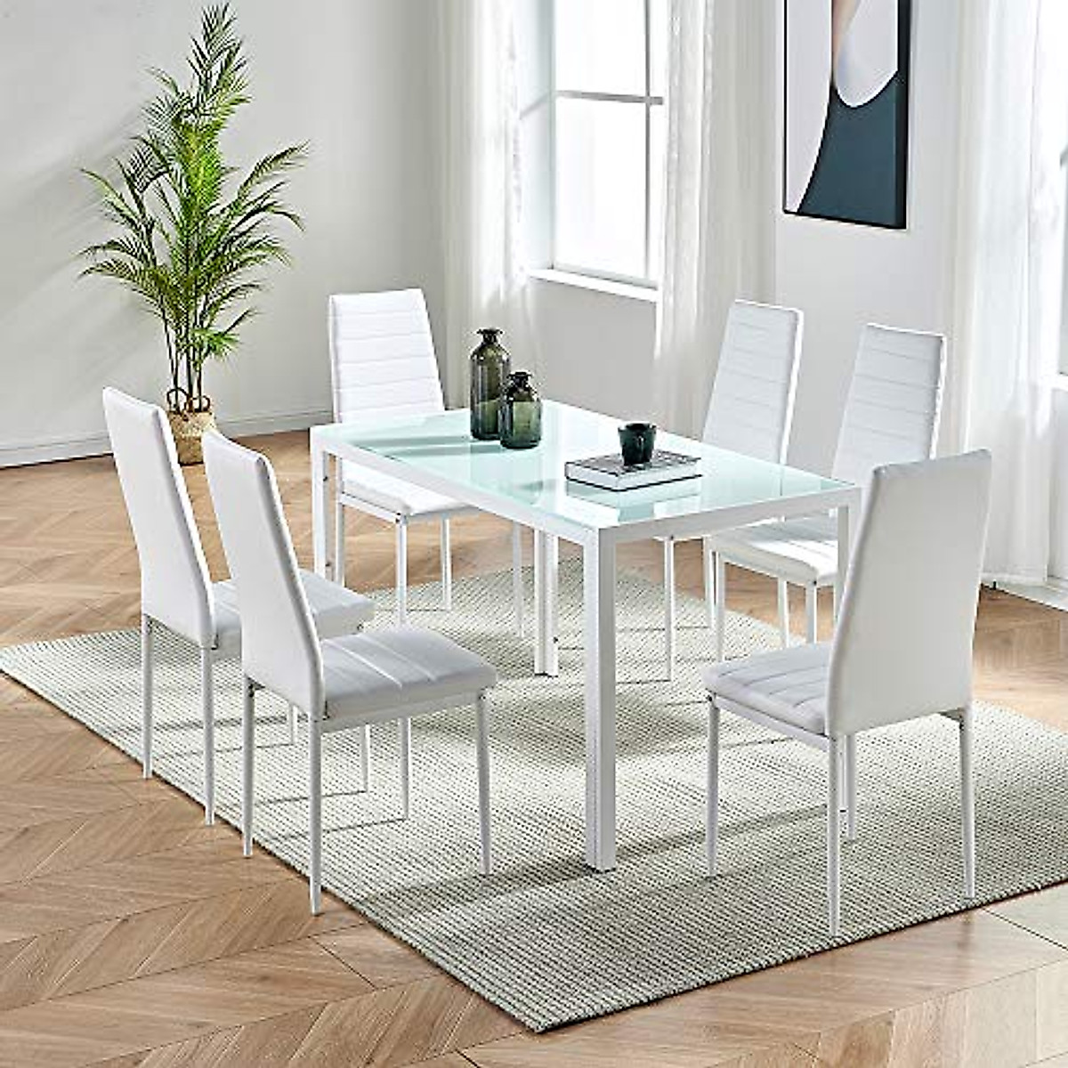 IDS Online Deluxe Glass Dining Table Set 7 Pieces Modern Design With Faux Leather Chair Elegant Style Anti Dirt, White