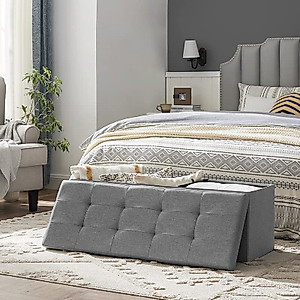 SONGMICS 43 Inches Folding Storage Ottoman Bench, Storage Chest, Foot Rest Stool, Bedroom Bench with Storage, Light Gray ULSF77G