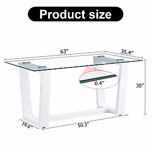 LKTART 63'' Tempered Glass Tabletop Industrial Rectangular Conference Table Dining Table with Black Leg Metal Frame(White)