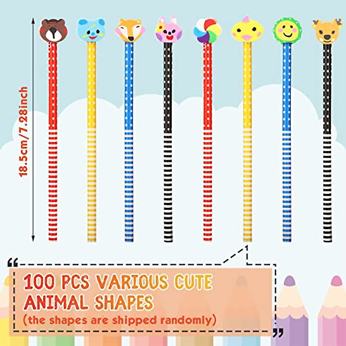 100 Pieces Animal Pencils Cartoon Pencils Kids Pencils with Erasers Fun Wooden Animal Pencils Fancy Stripe Pencil with Cute Animal Eraser for School Office Classroom Supplies Students Children