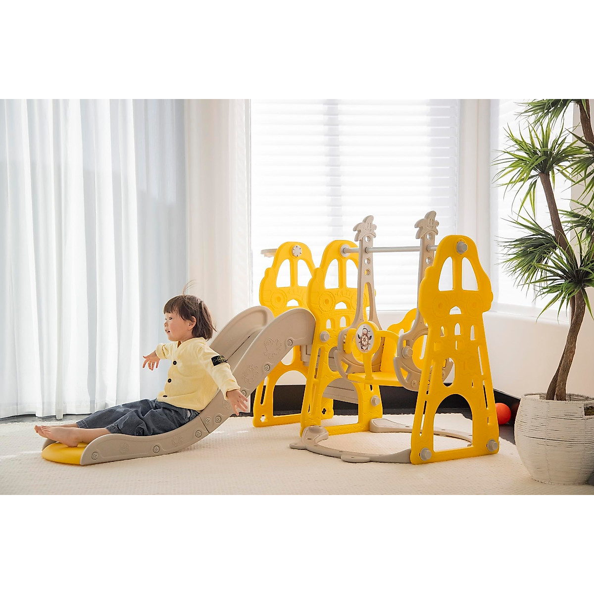 4-in-1 Toddler Slide and Swing Set with Extra Large Playground, Basketball Hoop & Climber, Indoor/Outdoor Playset, Taxi Collection – Yellow