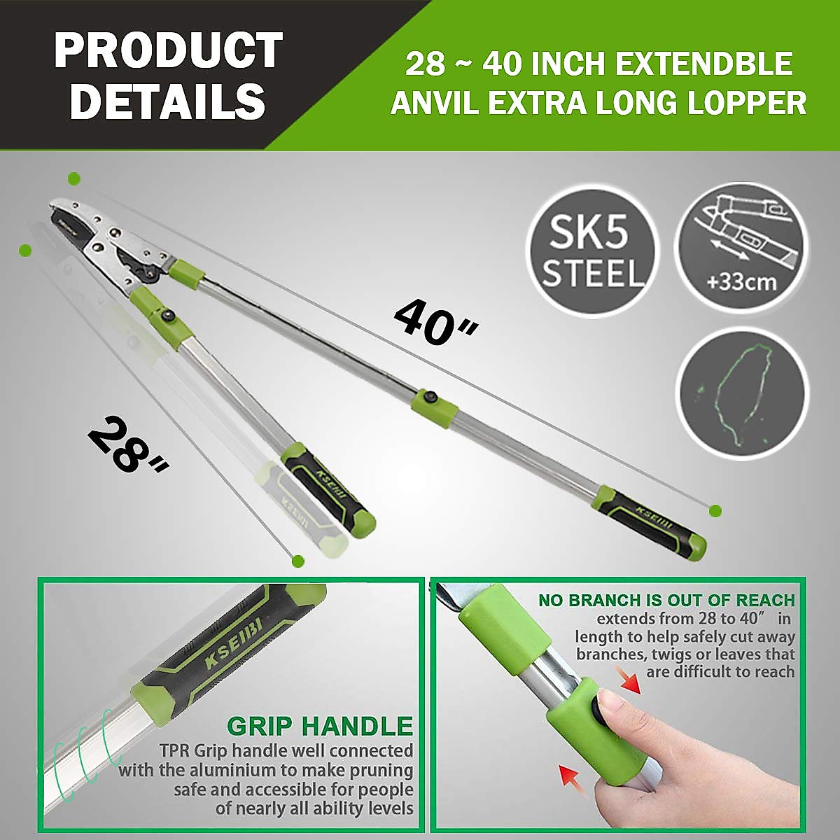 KSEIBI 252606 Anvil Lopper with Telescoping Aluminium Light-weight Handle, Tree Trimmer, Branch Cutter, Loppers, Pruning Shears, Garden Pruners Up to 2 Inch Cutting Capacity, 28 ~ 40 Inch