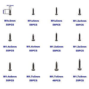 HVAZI 12 Kinds M1 M1.2 M1.4 M1.7 304 Stainless Steel Phillips Rounded Head Small Self Tapping Screws Assortment Kit