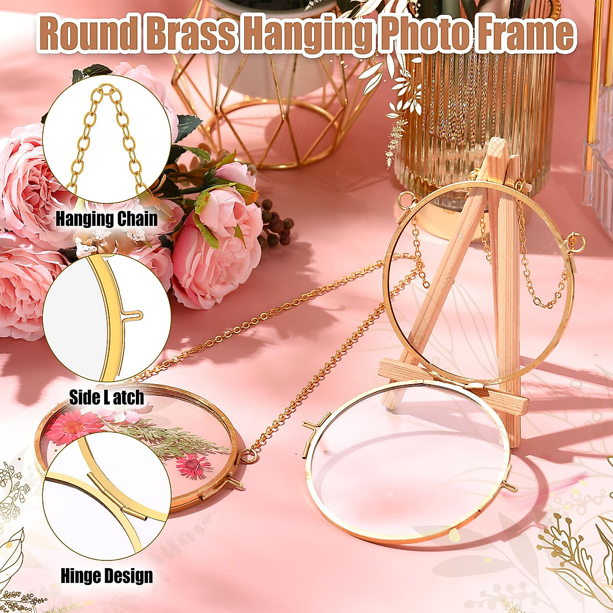 BBTO 8 Pack Round Hanging Glass Frame Small Brass Hanging Photo Frames Set Wall Mounted Gold Double Glass Display for Pressed Flowers Photos Dried Specimen DIY Artwork Display Decoration, 3.9 Inch