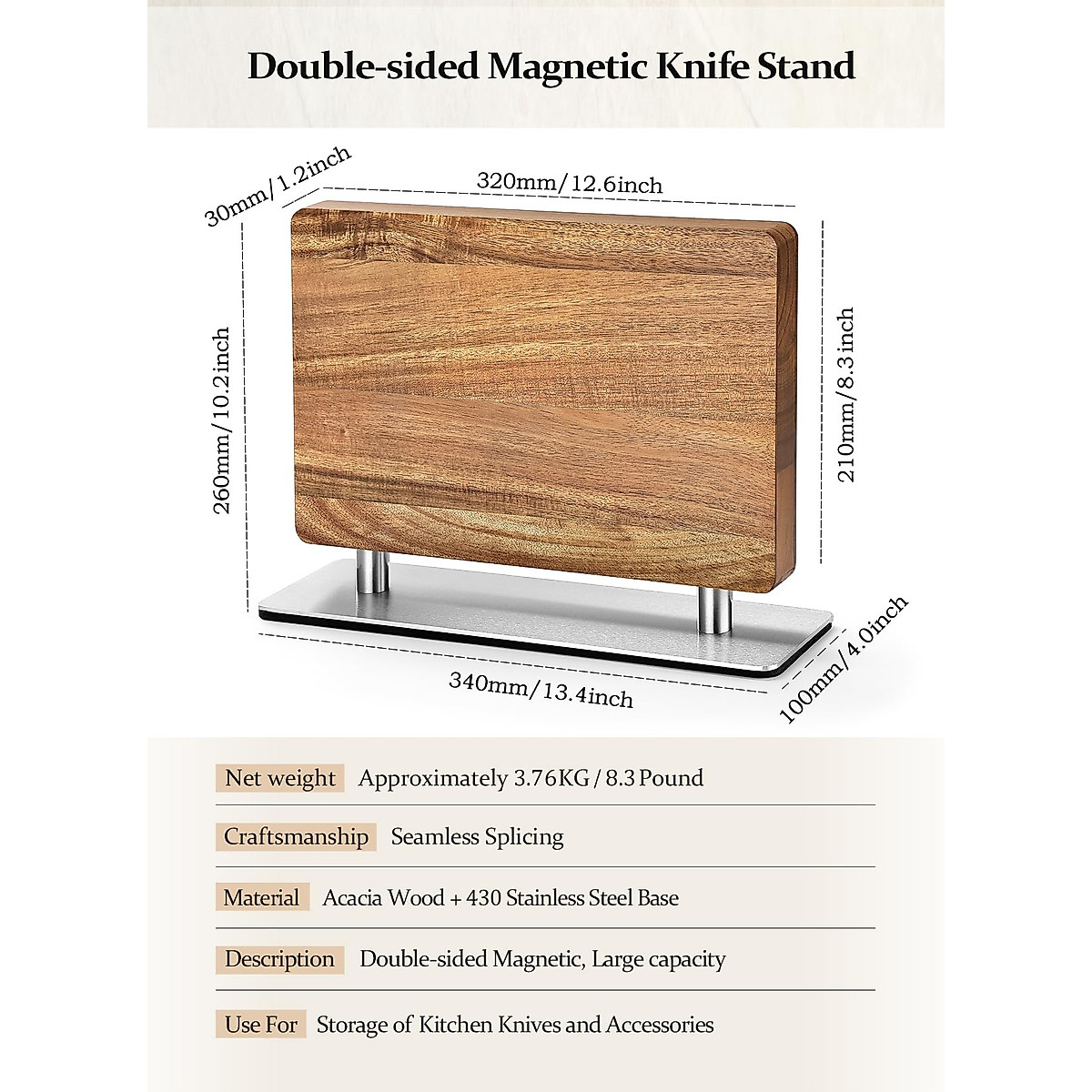 Strong Double Sided Magnetic Knife Block Without Knives, with Acacia Wood+430 Stainless Steel Base，Magnetic Universal Stands with Strong Enhanced Magnets Strip Kitchen Storage Cutlery Large Organizer