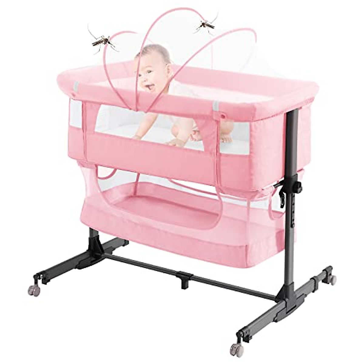 nordmiex 3 in 1 Baby Crib Bedside Crib,Baby Bassinet with Breathable Net,Adjustable Portable Bed for Infant/Baby,Pink, 10.0 kilograms