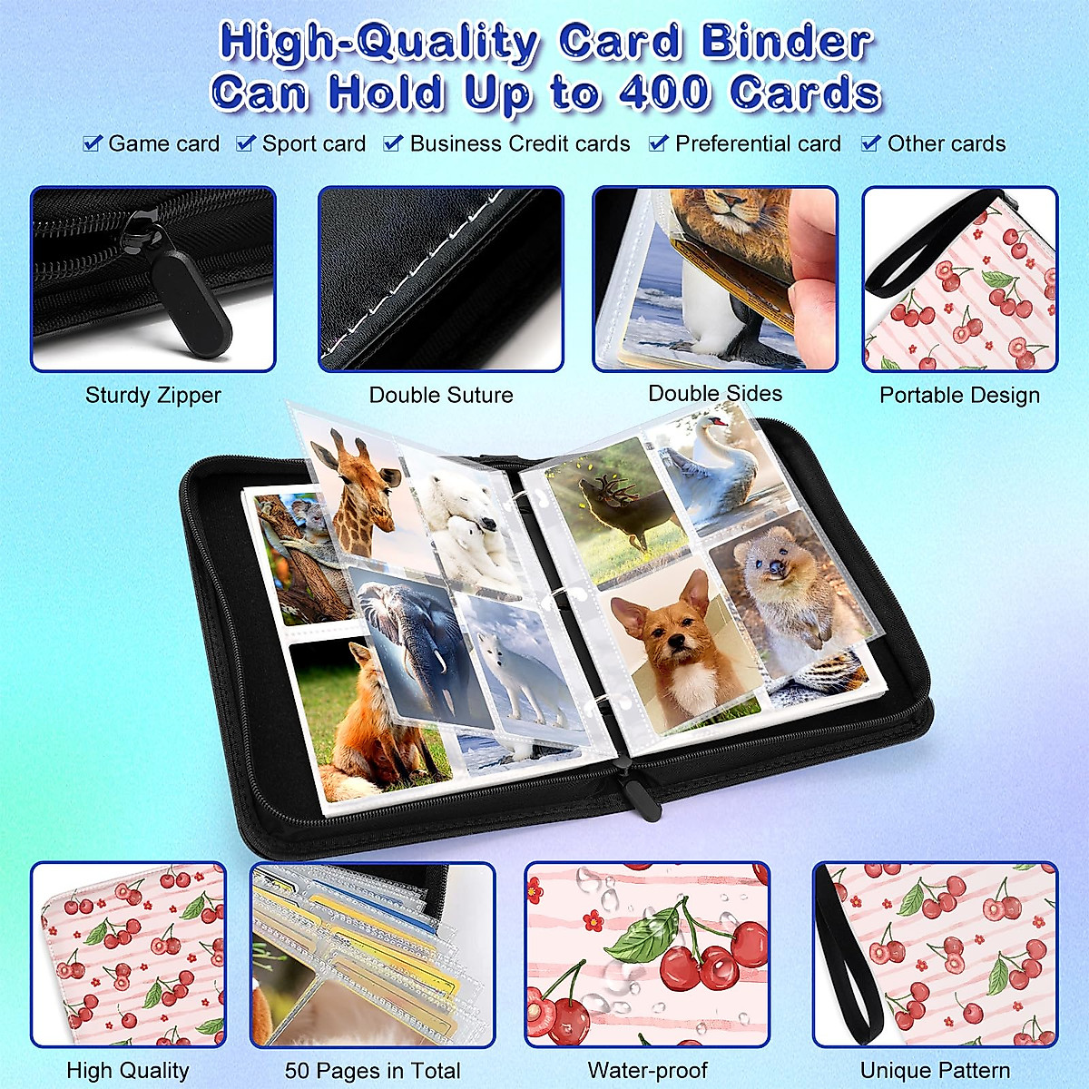 400 Pockets Card Binder, 4-Pocket Trading Card Binder Album Holder Storage Book for Game Cards with 50 Removeable Sleeves, Ideal Baseball Binder Fit 400 Cards, Gift for Kids Adults